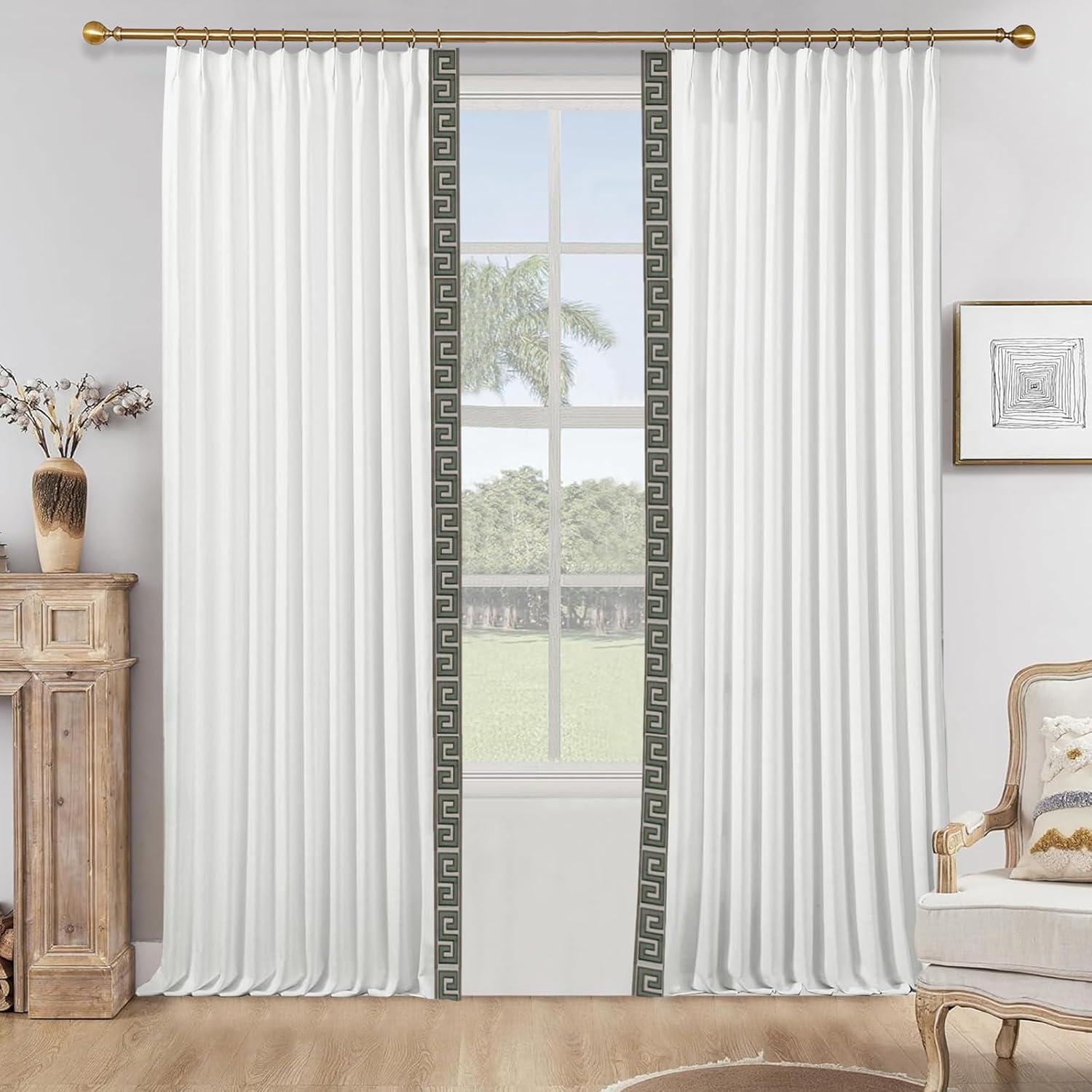 Liz Linen Custom Curtain Drapes with S-Shaped Embroidery Trim, 1 Set ...